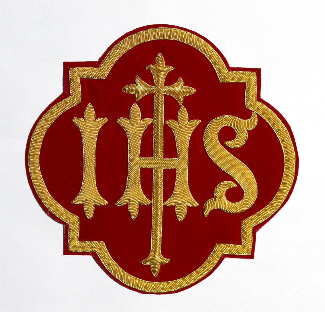 Liturgical Church Emblem, IHS Hand-embroidered Sewn on Applique on Red ...