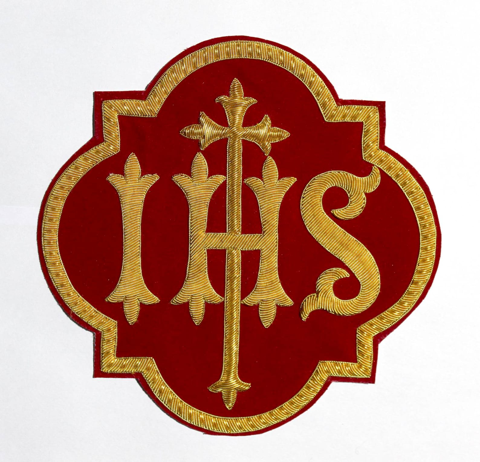 Liturgical Church Emblem, IHS Hand-embroidered Sewn on Applique on Red ...