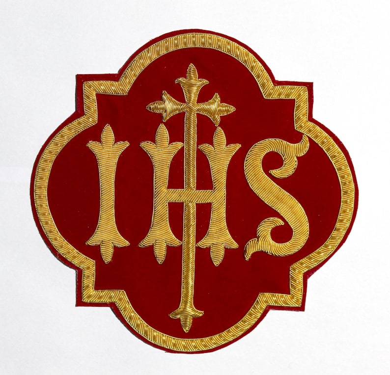 Liturgical Church Emblem, IHS Hand-embroidered Sewn on Applique on Red ...