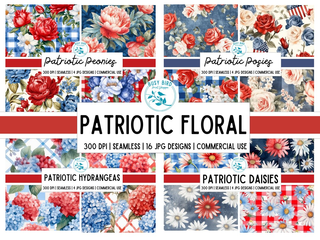 BUNDLE Watercolor Floral Seamless Pattern Digital Paper Patriotic ...