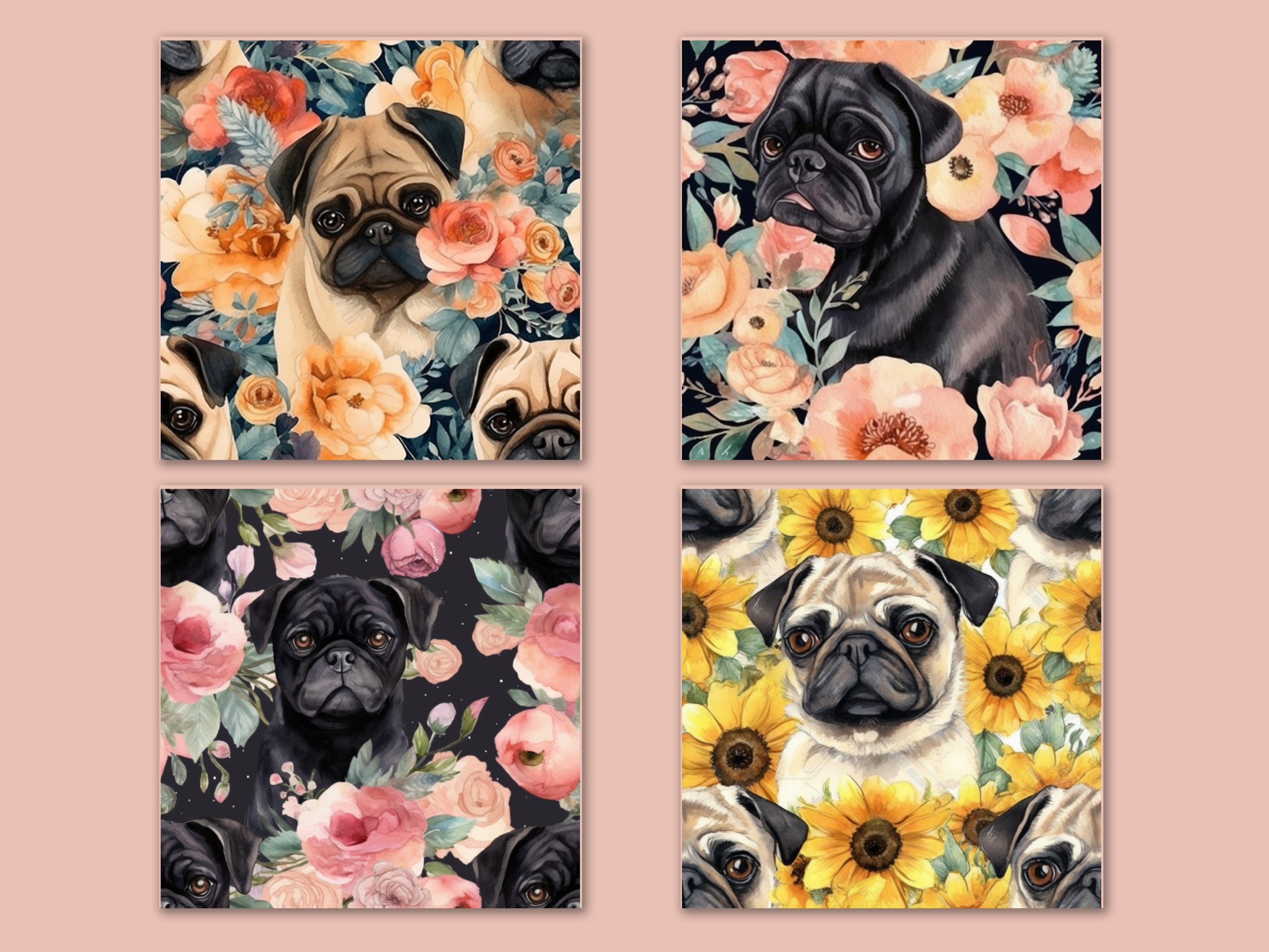 Pug Dog Puppy Seamless Pattern Digital Paper | Pugs & Flowers Scrapbook ...