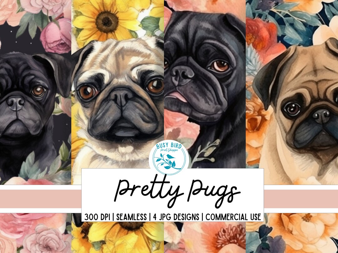 Pug Dog Puppy Seamless Pattern Digital Paper | Pugs & Flowers Scrapbook ...
