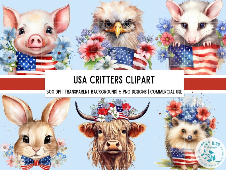 Patriotic Animals Clipart PNG | Watercolor USA Clip Art | Cute Animal ...
