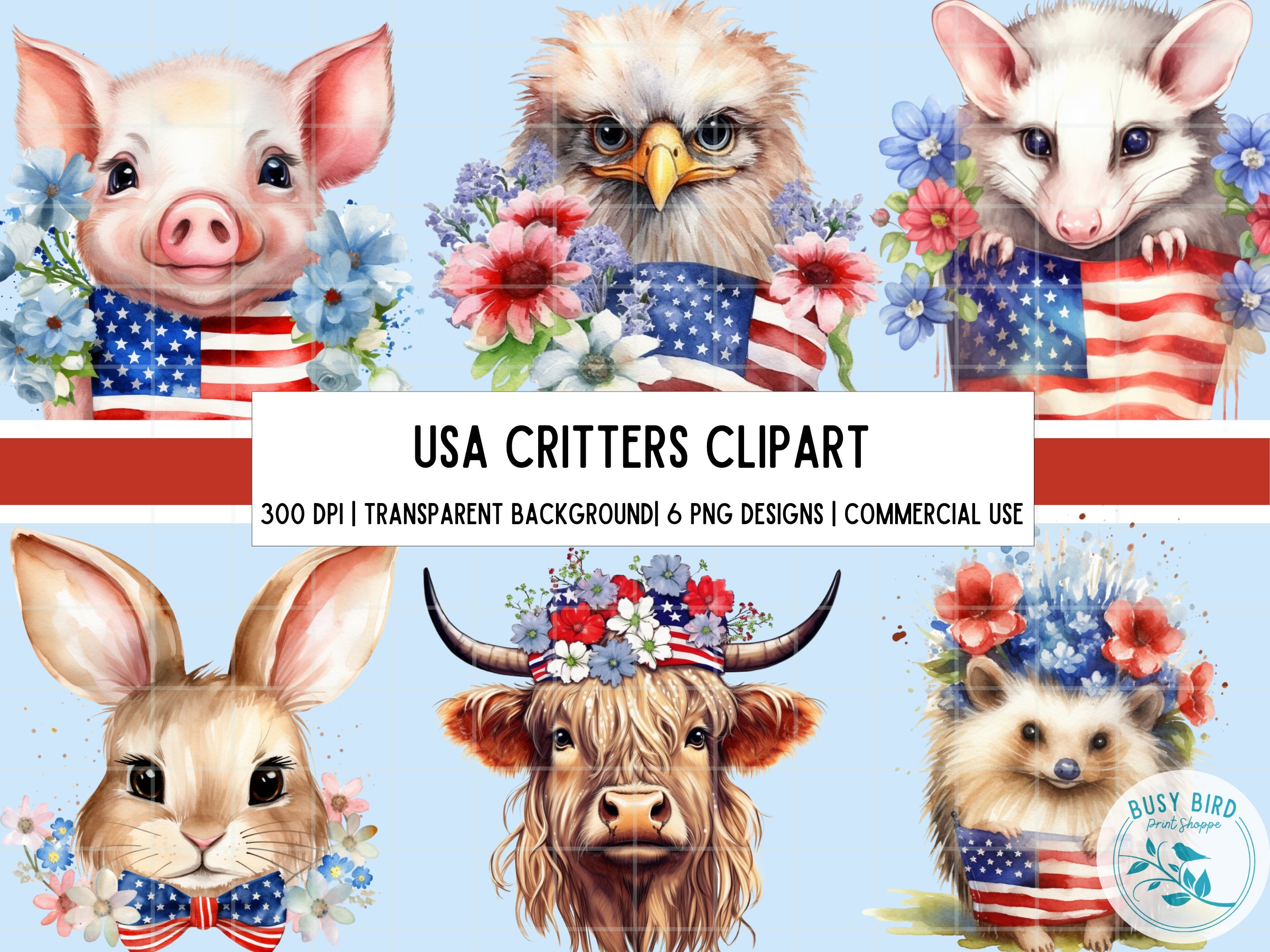 Patriotic Animals Clipart PNG | Watercolor USA Clip Art | Cute Animal ...