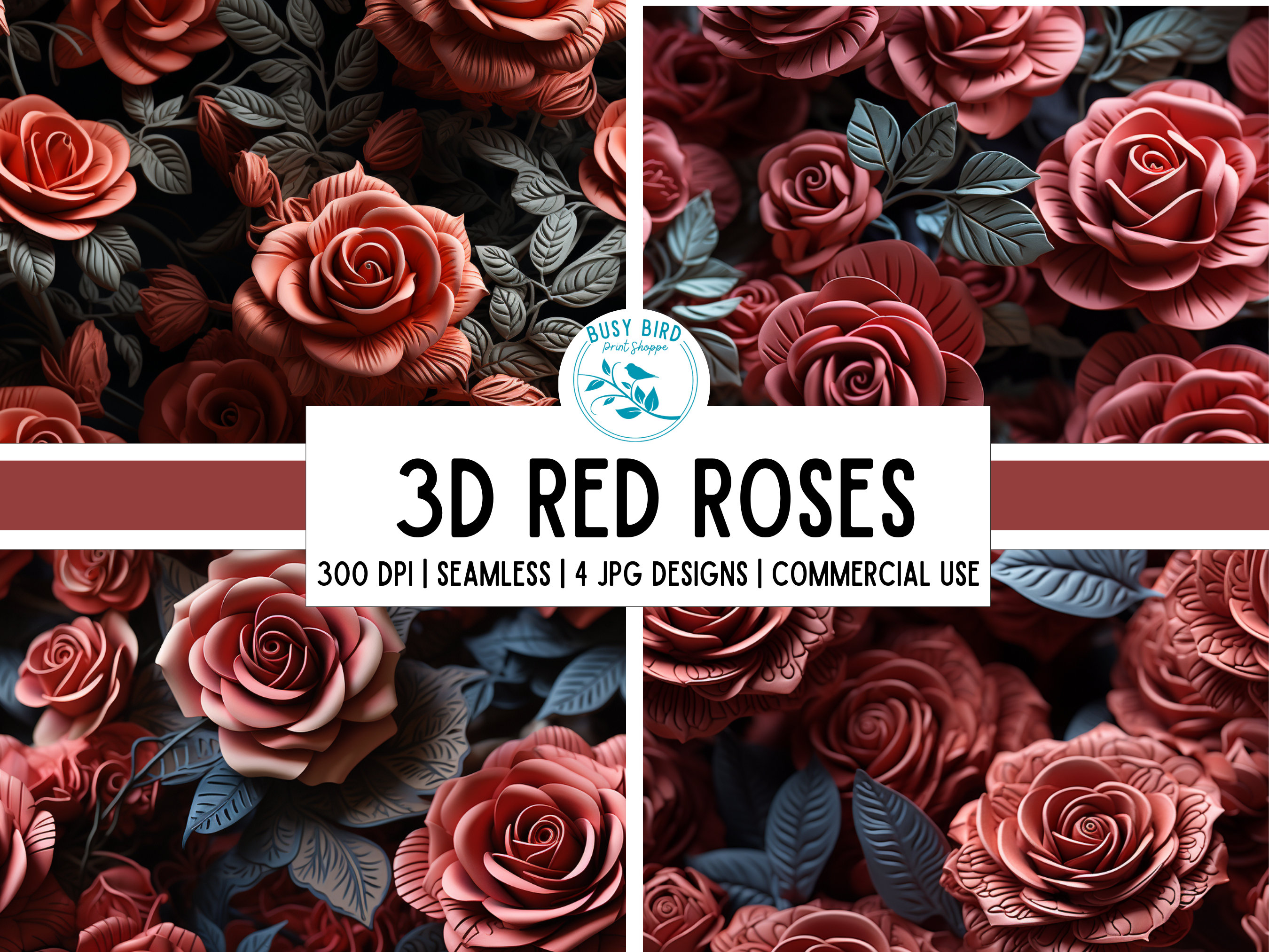 3D Red Roses Seamless Pattern Digital Paper Floral Scrapbook Papers ...