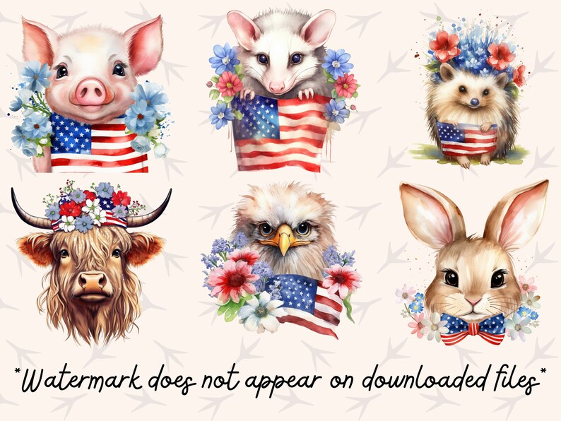 Patriotic Animals Clipart PNG | Watercolor USA Clip Art | Cute Animal ...