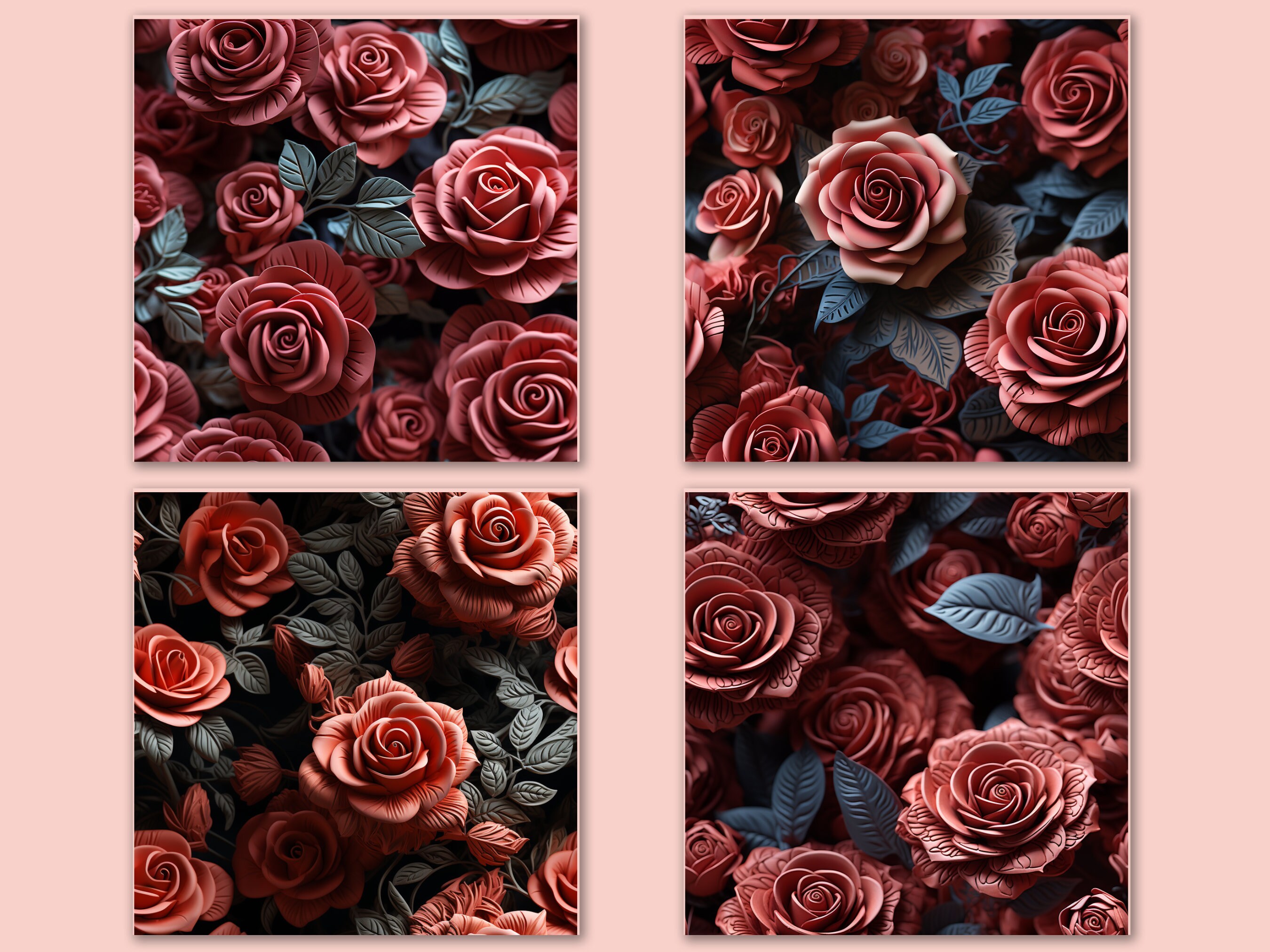 3D Red Roses Seamless Pattern Digital Paper Floral Scrapbook Papers ...