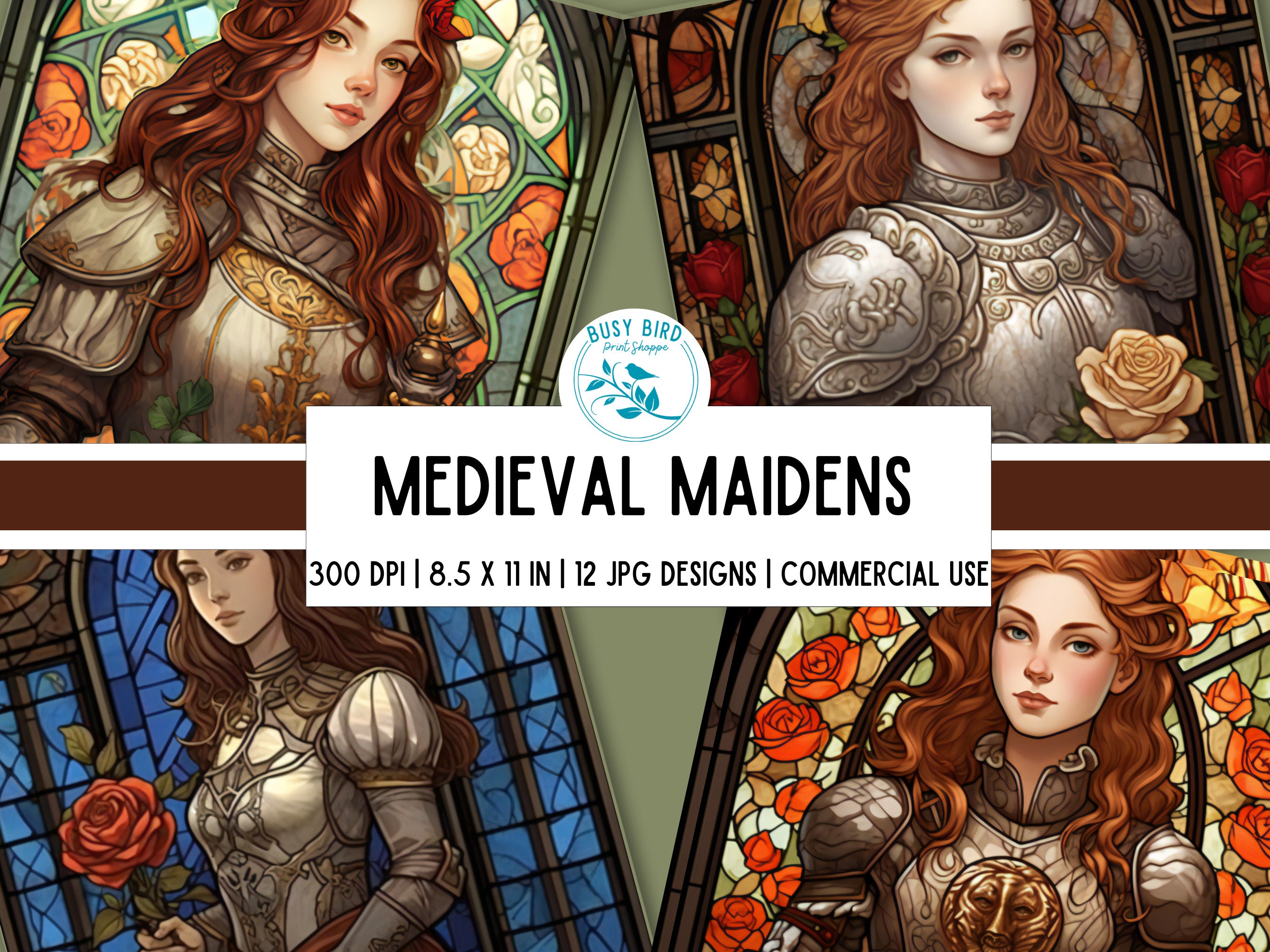 12 Medieval Maidens Stained Glass Junk Journal Pages Scrapbook ...