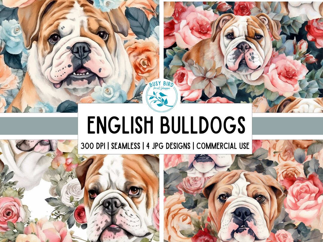 English Bulldog Seamless Pattern Digital Paper Floral Scrapbook Papers ...