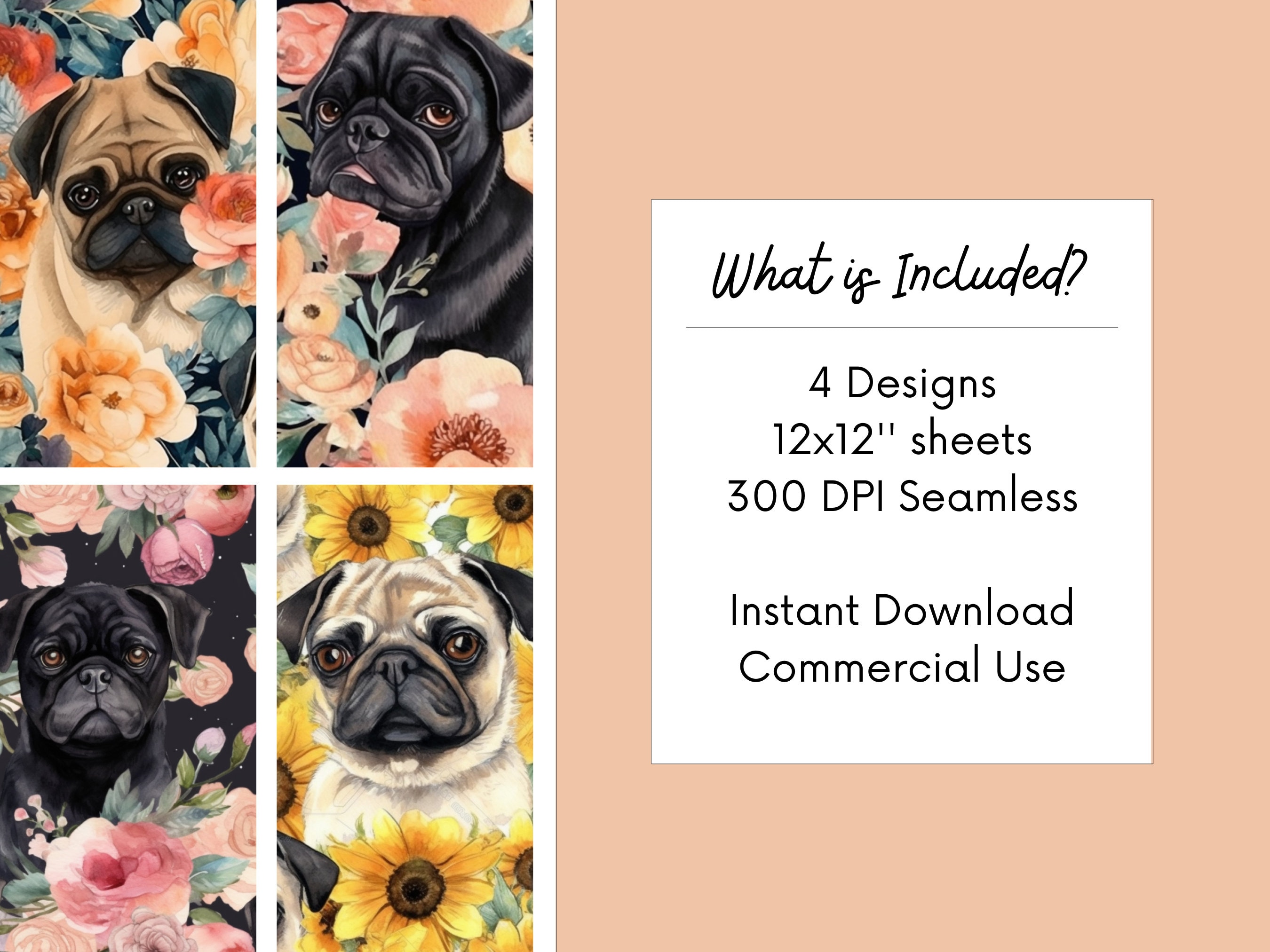 Pug Dog Puppy Seamless Pattern Digital Paper | Pugs & Flowers Scrapbook ...