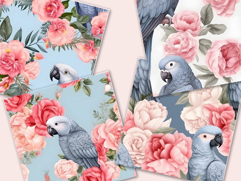 Watercolor African Grey Parrot and Roses Seamless Pattern - Etsy