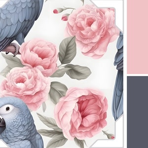 Watercolor African Grey Parrot and Roses Seamless Pattern Digital Paper ...