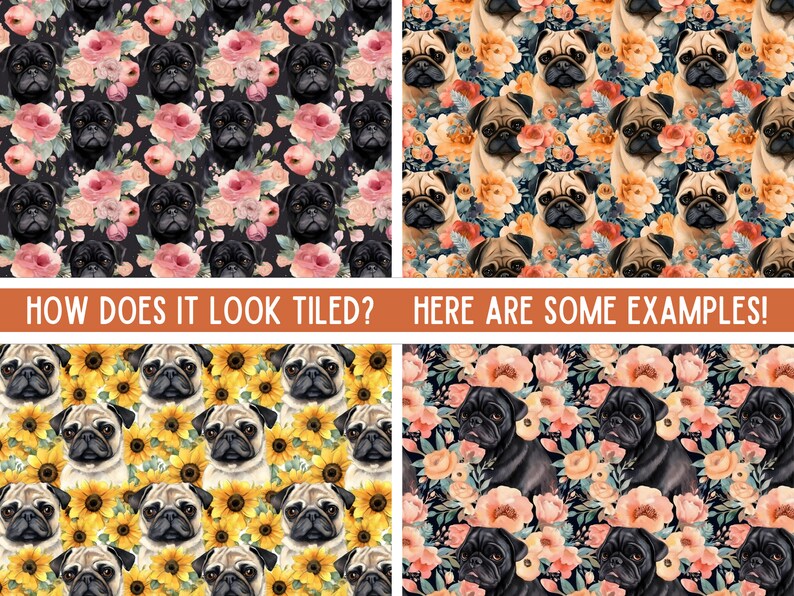 Pug Dog Puppy Seamless Pattern Digital Paper | Pugs & Flowers Scrapbook ...