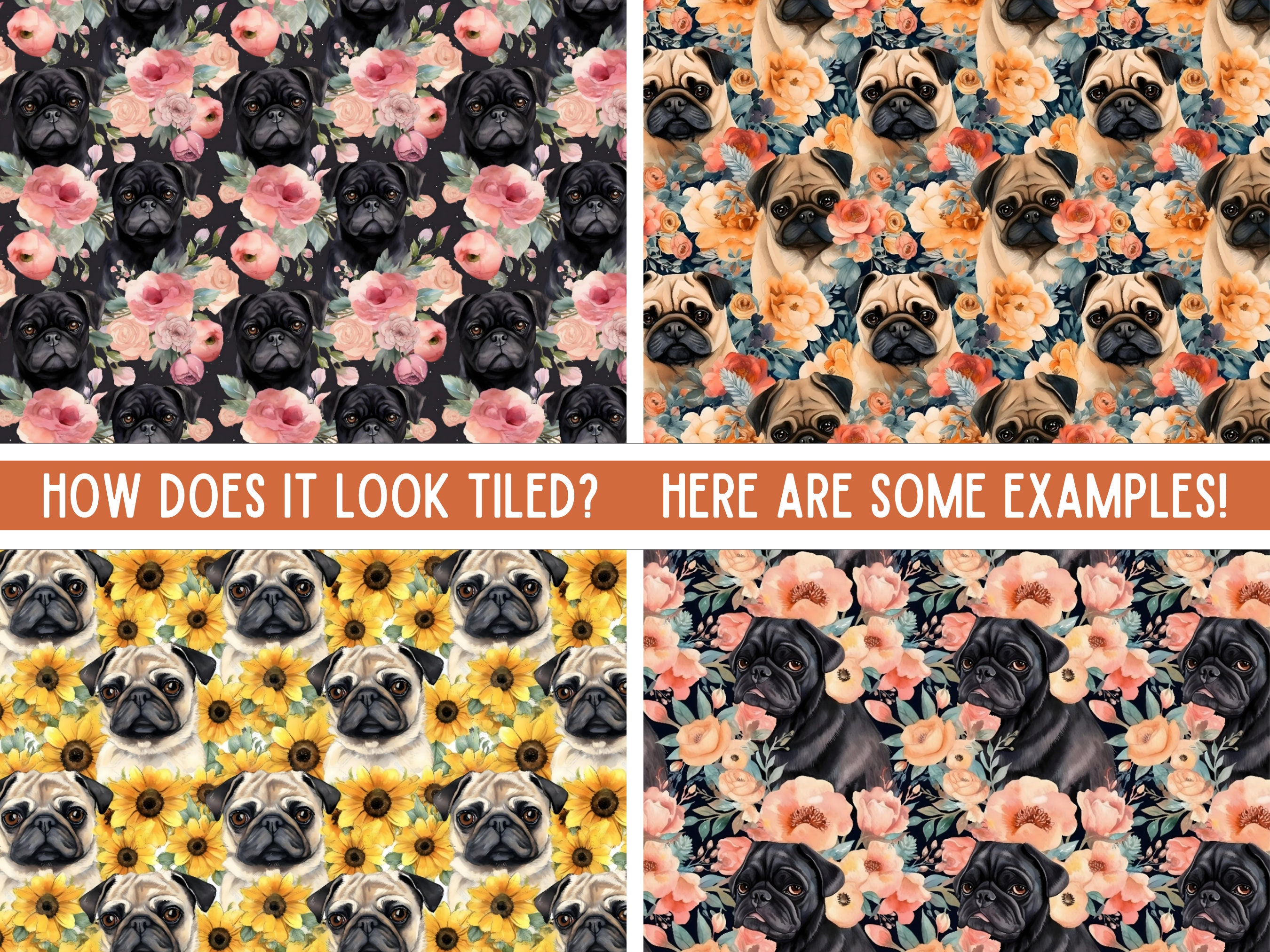 Pug Dog Puppy Seamless Pattern Digital Paper | Pugs & Flowers Scrapbook ...