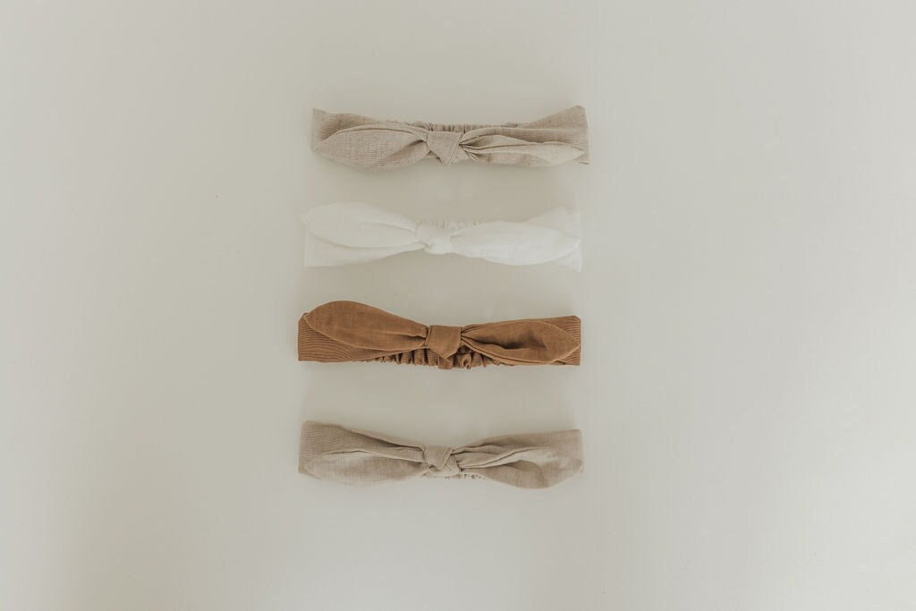 Linen Baby Girl Bows, Organic Cotton Neutral Knot Headband, Baby Shower ...