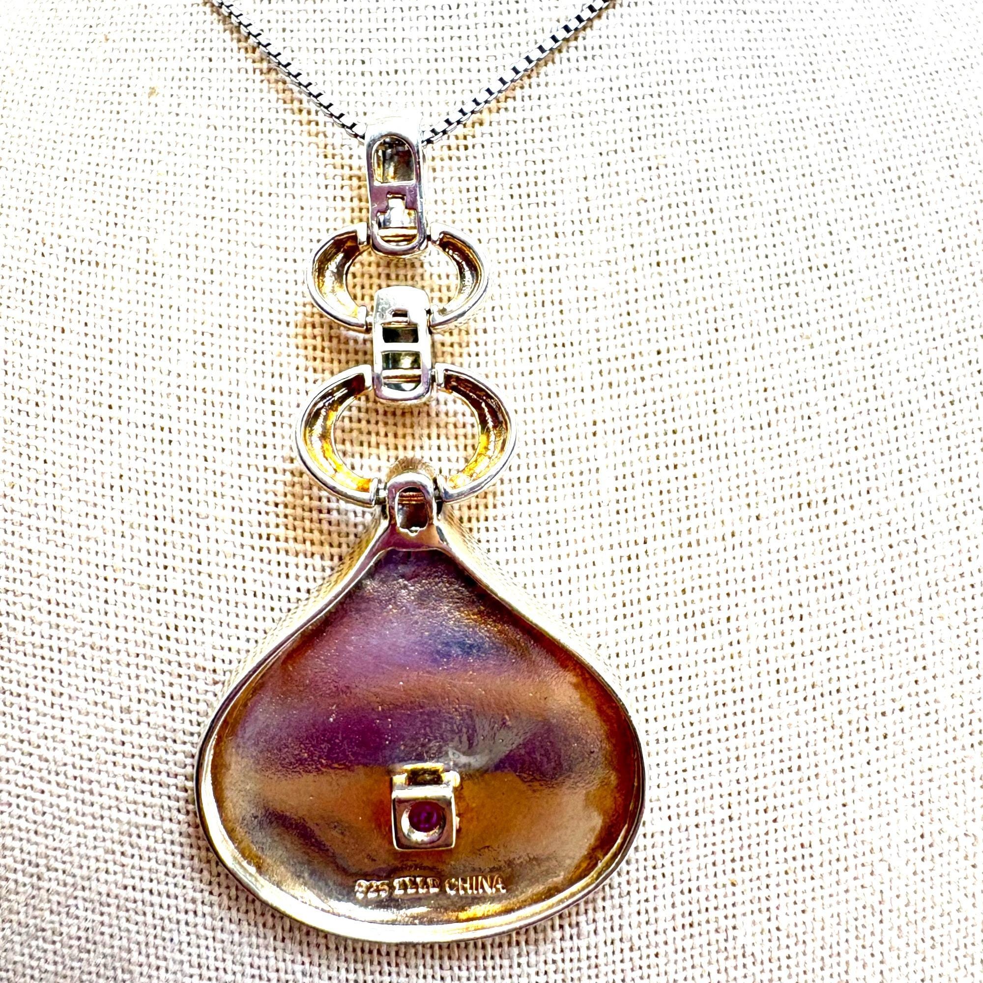 VTG Sterling Silver 925 Chunky Drop Shape Pendant Ruby Accent Bold 18 ...