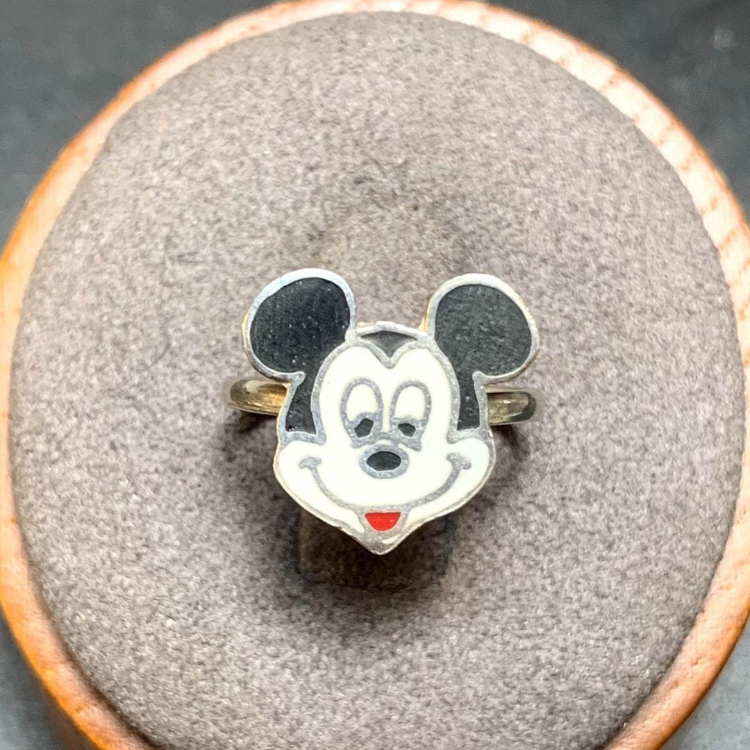 Vintage Sterling Silver Mickey Mouse Ring Black White Enamel Pinky Ring ...