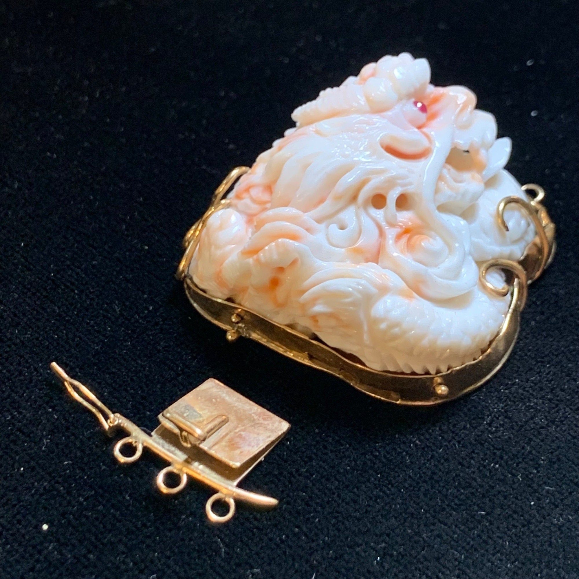 Extremely Rare Antique 14KT Angel Skin Coral Carved Dragon XL 3 Strand ...