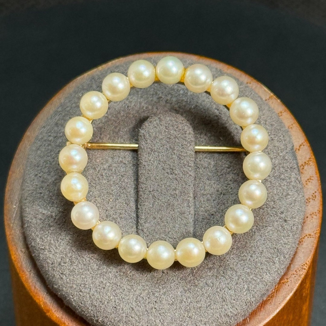 Antique 14k Yellow Gold Cultured Pearl Circle Pin 4mm Pearls 1.25 in ...