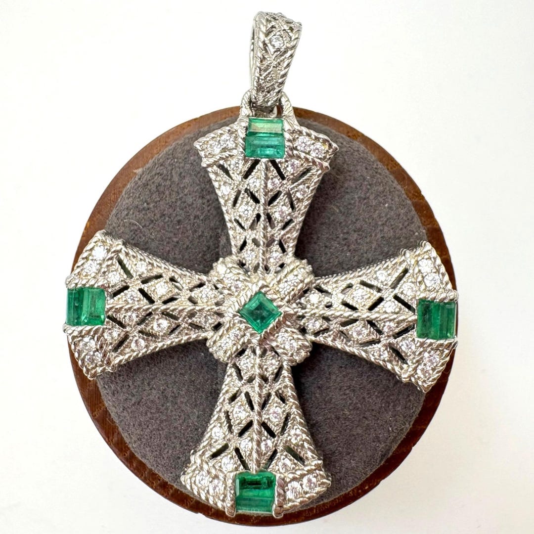 RET Judith Ripka Sterling Silver 925 Syn. Emerald & CZ Flared Cross ...