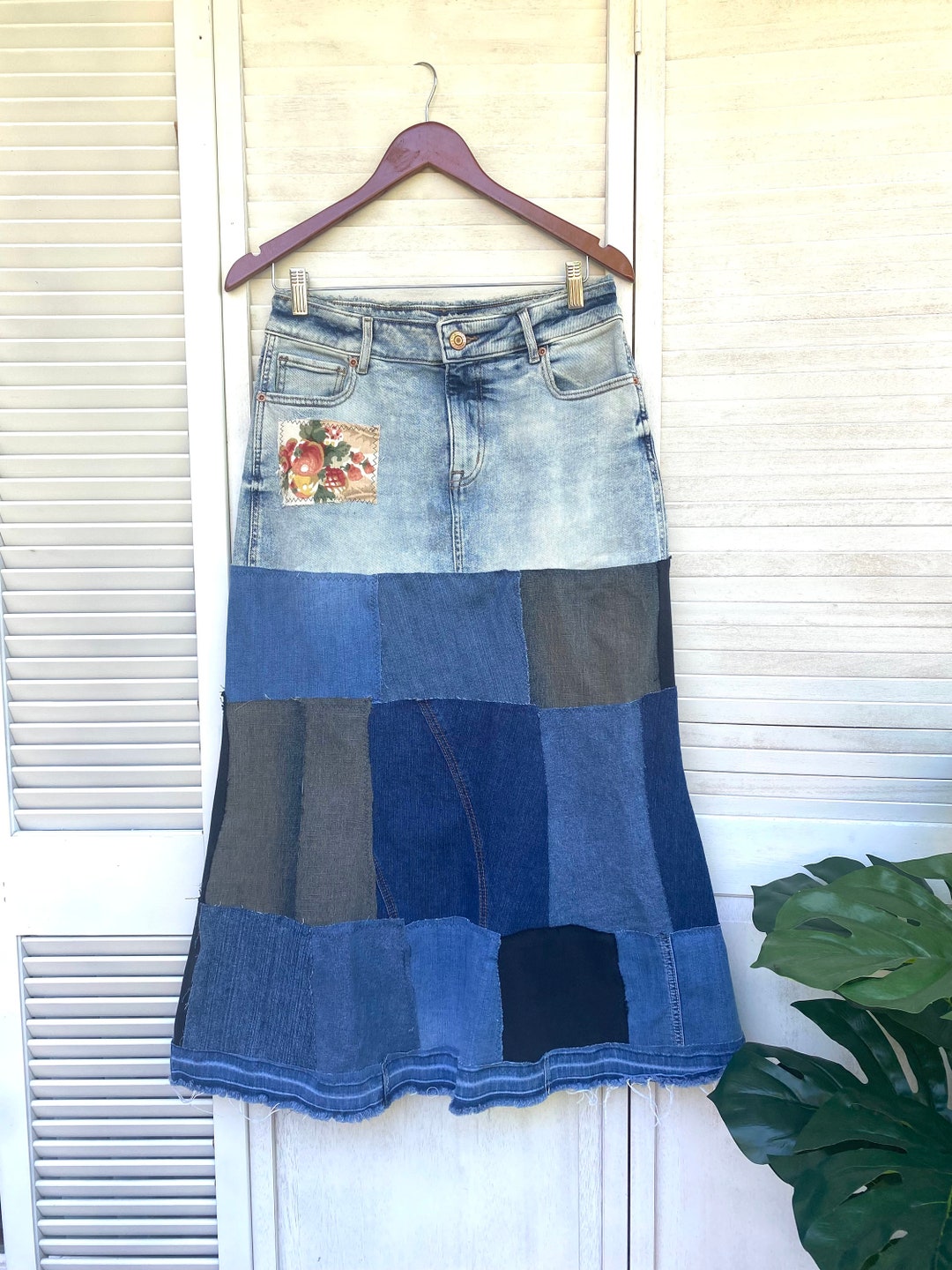 Stretchy Maxi-length Denim Patchwork Skirt - Etsy