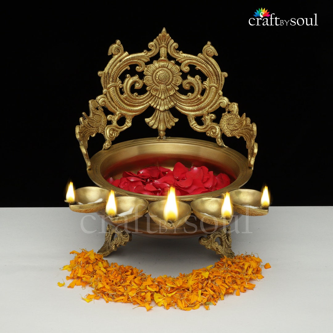Brass Urli With Peacock & Diyas, 31 Cm Indian Traditional Brass Urli ...