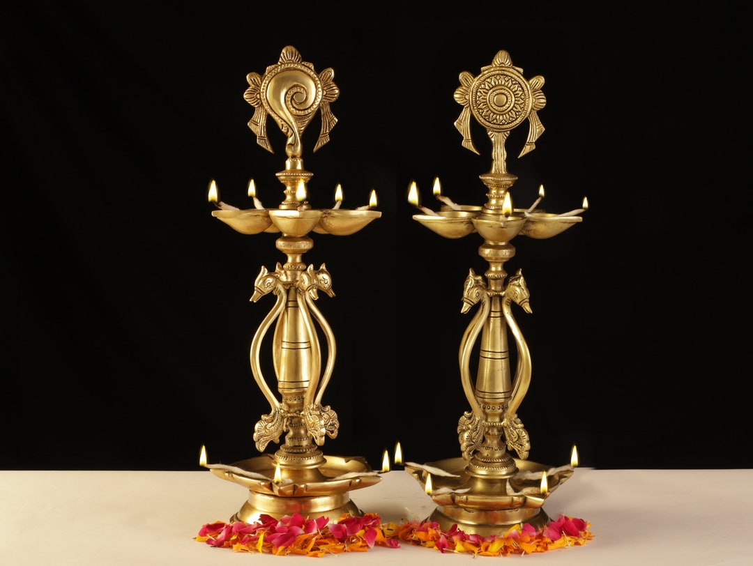 Brass Shankh Chakra Diya, Brass Appam Deepam,brass Deepak 37cm for ...