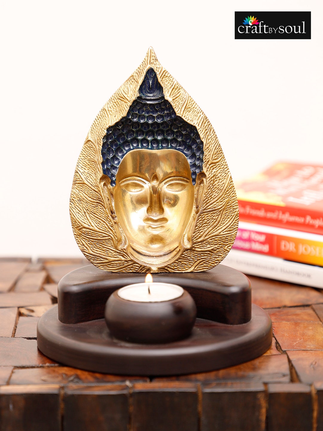 Brass Buddha Statue, 19 CM Buddha Tea Light Holder on Wooden Stand ...