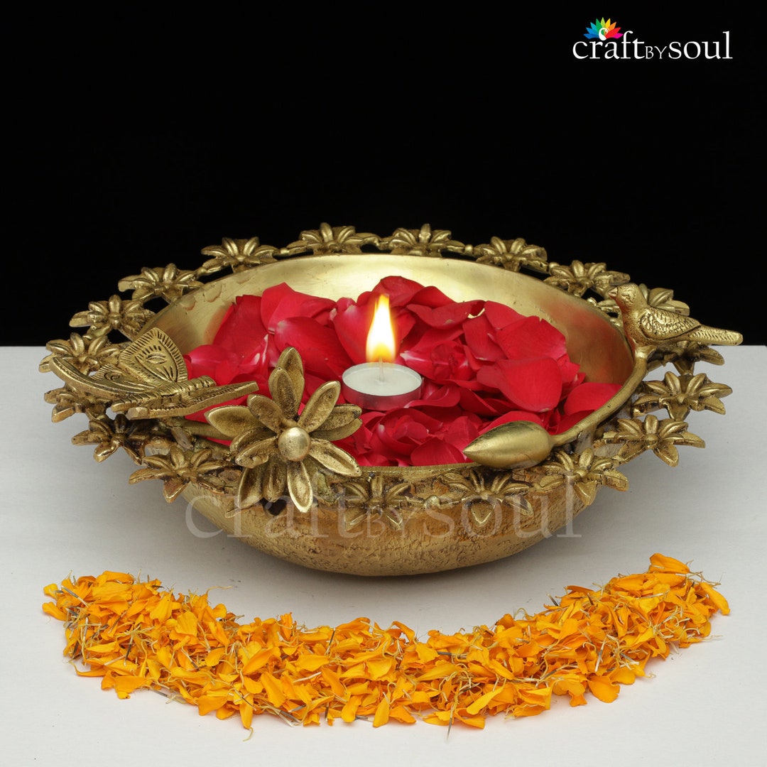 Brass Flower & Birds Urli, Vintage Vessel, Vintage Flower Lamp, Uruli ...