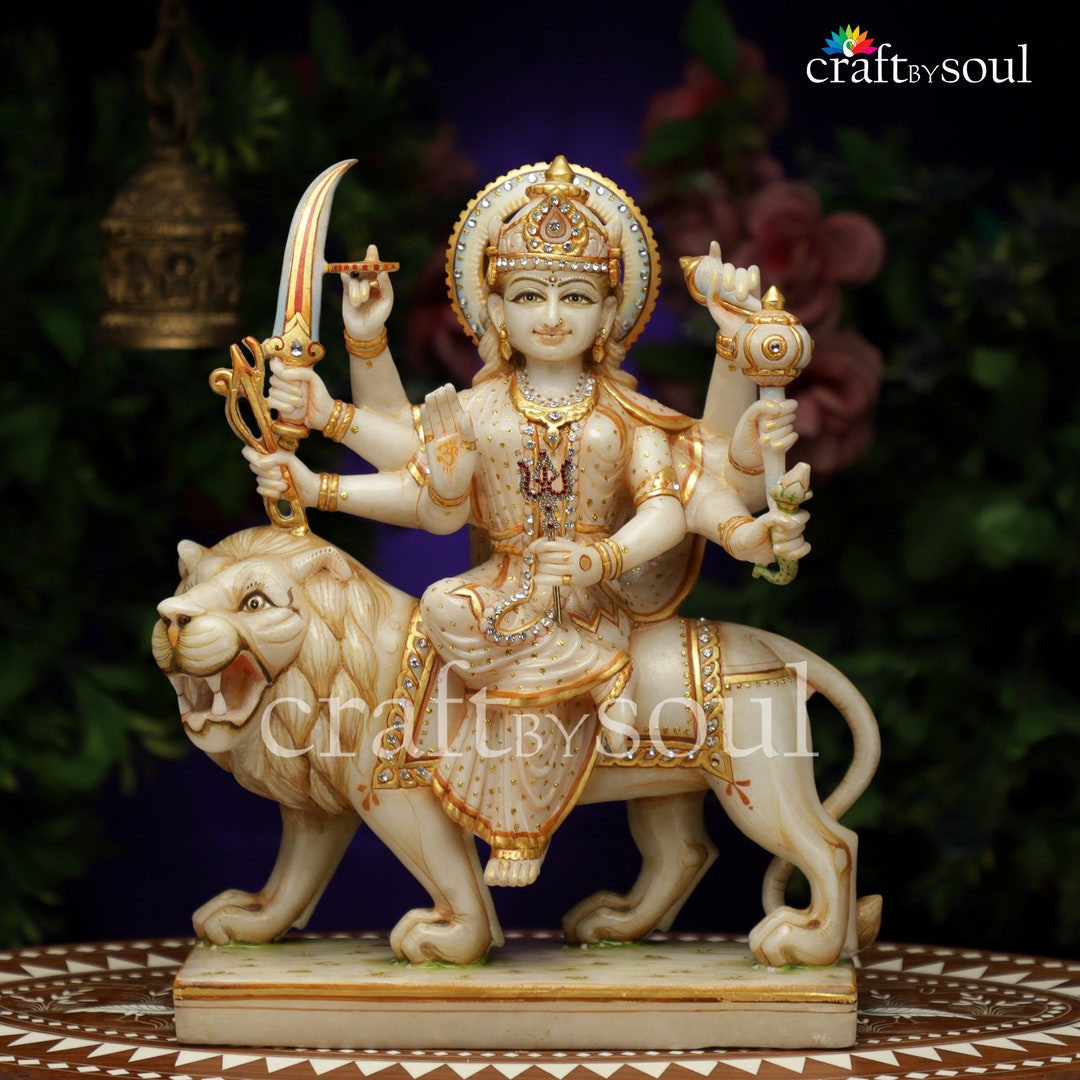 Big Durga Statue in Marble,40 Cm Pure Marble Devi, Hand Painted Marble ...