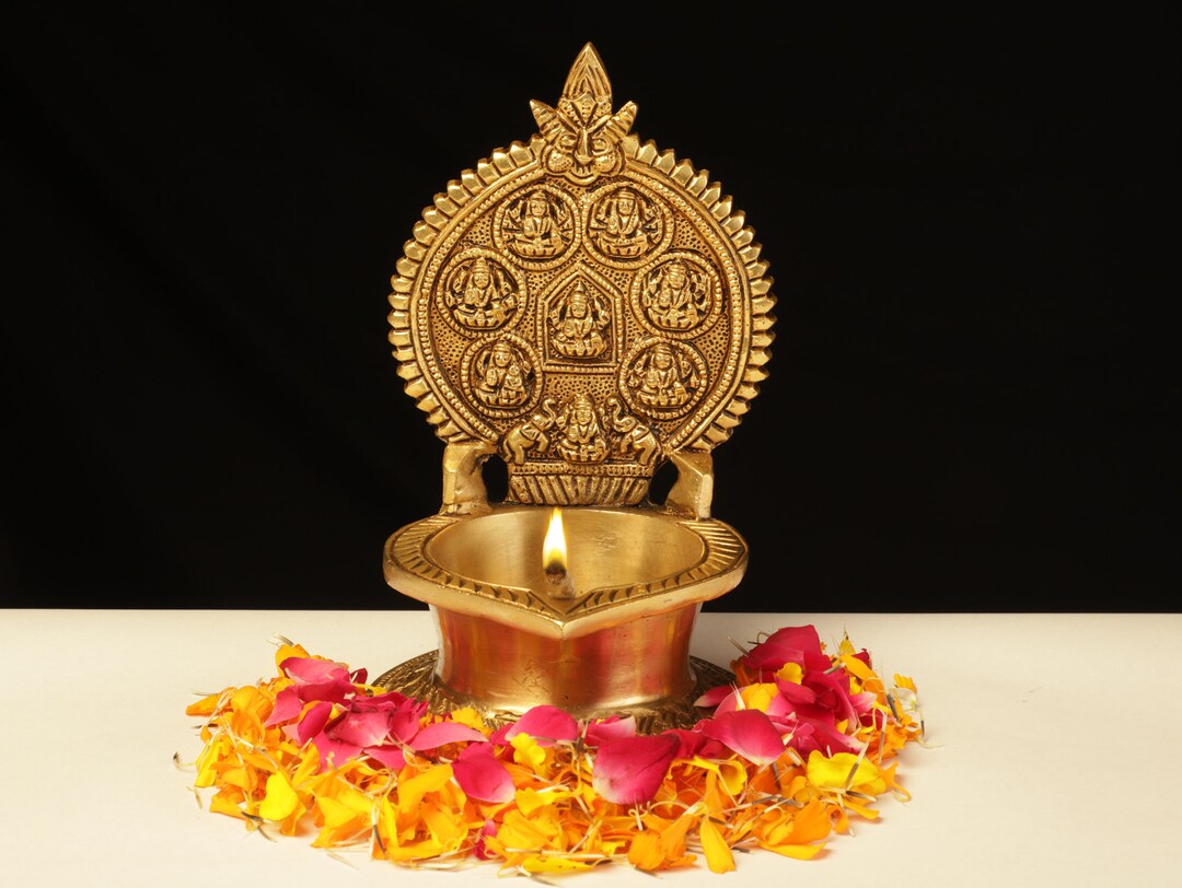 Brass Ashtlakshmi Diya,laxmi Deepam for Temple Mandir Puja, Oil Wick ...
