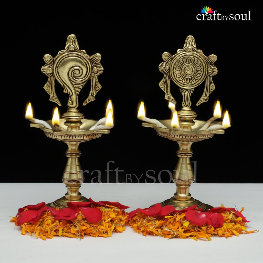 Brass Shankh Chakra Diya, Brass Appam Deepam,brass Deepak 9 Inch for ...