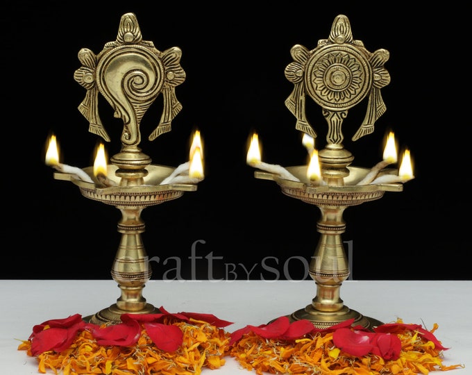 Brass Shankh Chakra Diya, Brass Appam Deepam,brass Deepak 9 Inch for ...