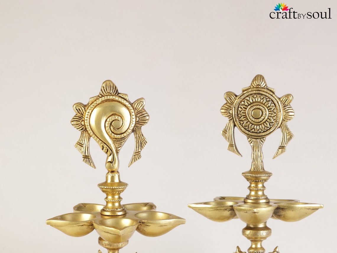Brass Shankh Chakra Diya, Brass Appam Deepam,brass Deepak 37cm for ...