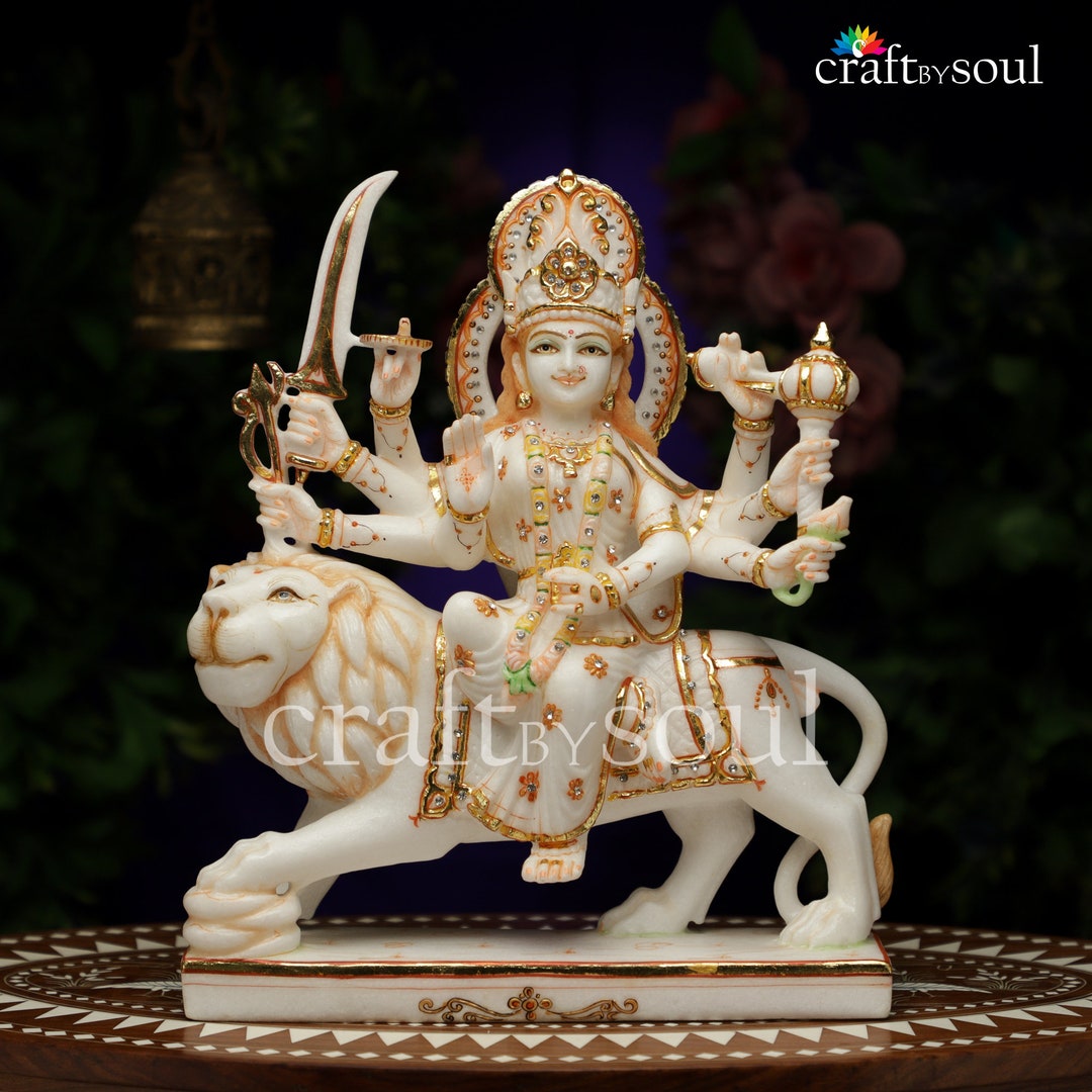 Big Durga Statue in Marble,38cm Pure Marble Devi, Hand Painted Marble ...