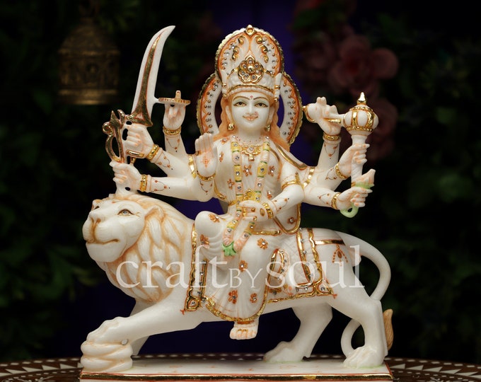 Big Durga Statue in Marble,38cm Pure Marble Devi, Hand Painted Marble ...