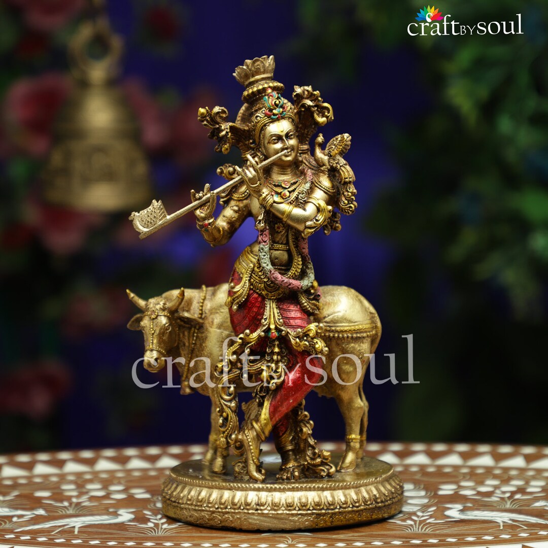 Krishna Statue With Cow Statue, 26cm Hand Finished Cultured Marble Cow ...