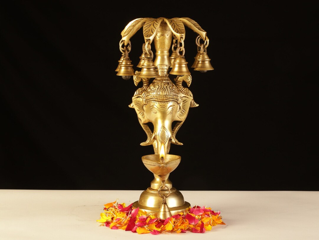 Brass Ganesha Oil Wick Lamp,ganapathi Deepam With Bells,ganesh Deepak ...