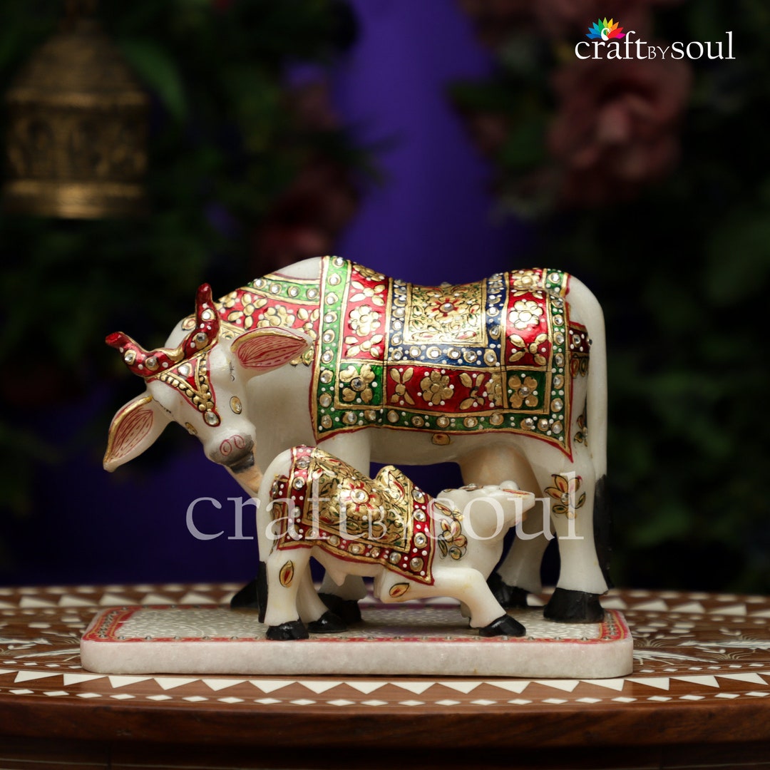 Marble Kamdhenu Cow Statue, Marble Statue, Cow With Calf, Home Decor ...
