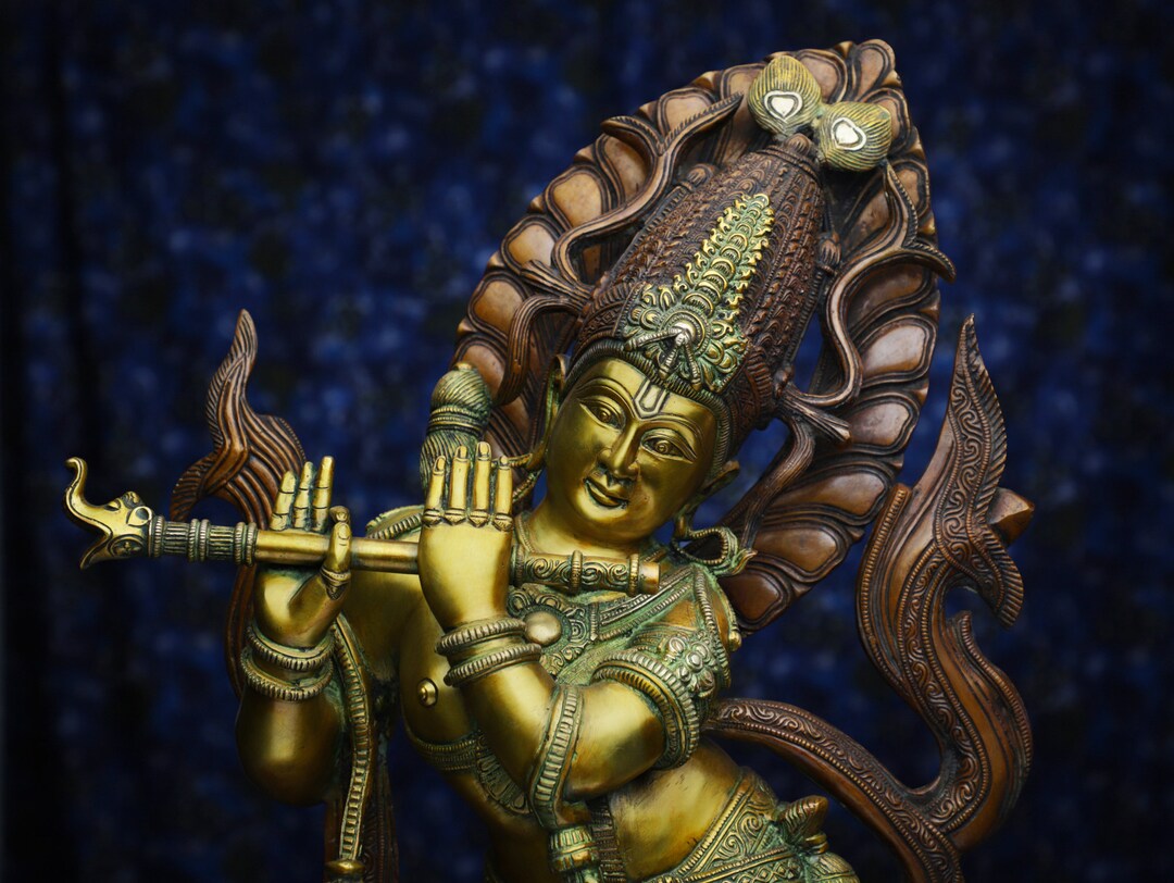 Krishna Statue With Cow Statue, 89cm Hand Finished Pure Brass Cow ...