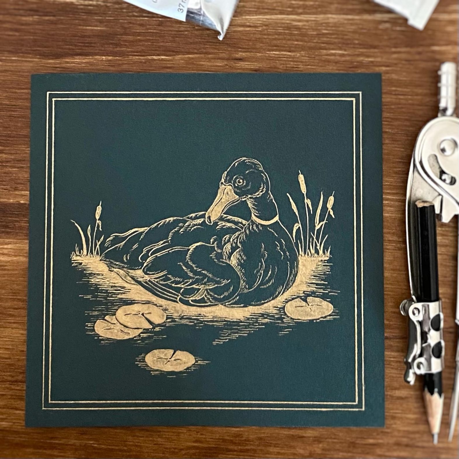 Mallard Duck Gold Ink Drawing on Green Paper - Original Bird Art Animal ...