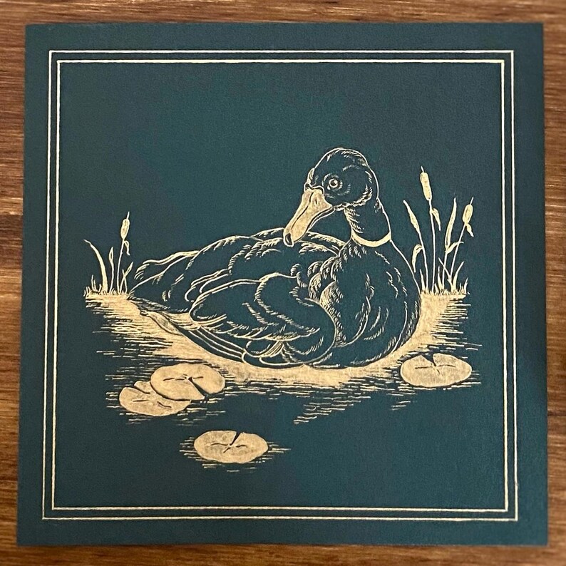 Mallard Duck Gold Ink Drawing on Green Paper - Original Bird Art Animal ...