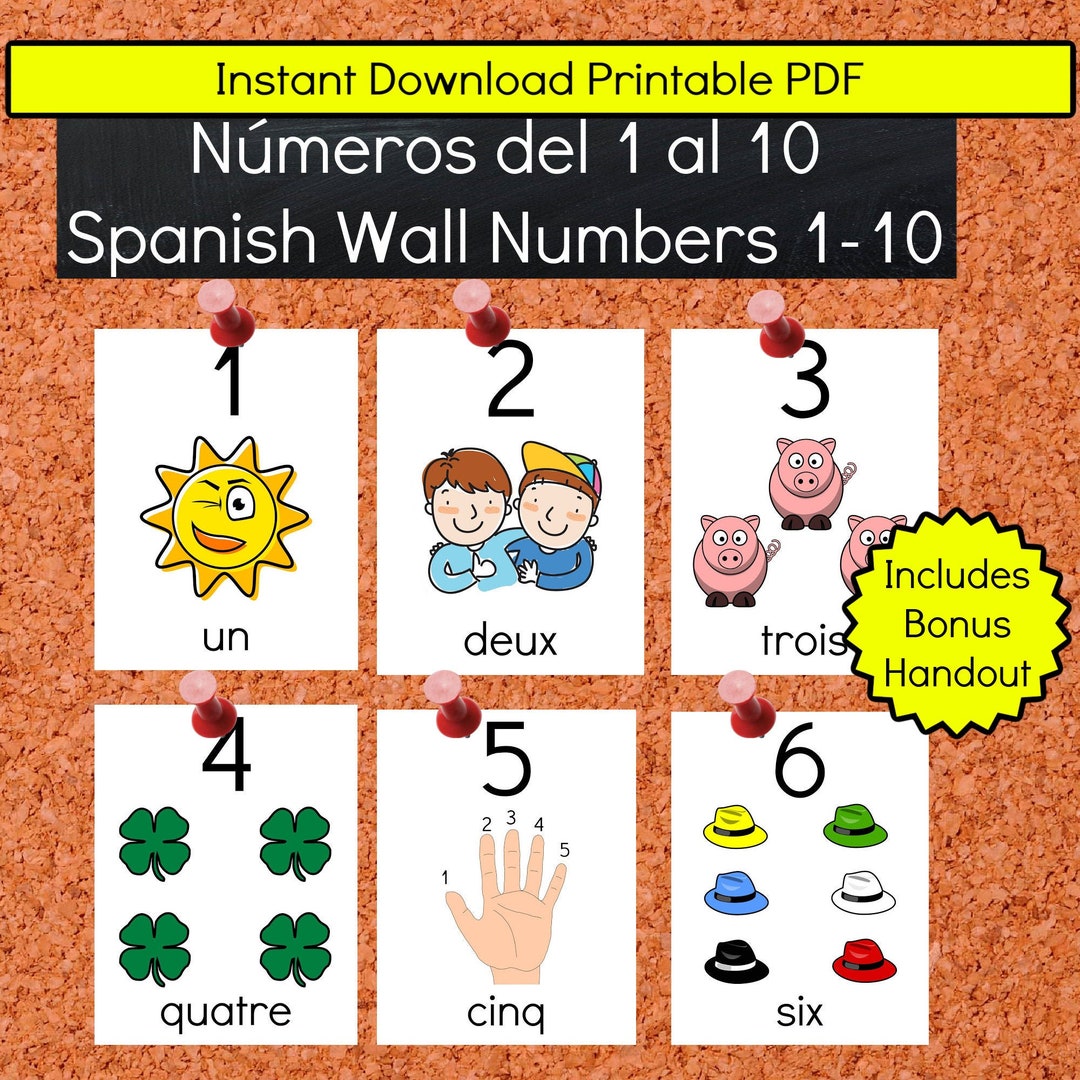 Spanish Wall Numbers Numeros 1-10 Classroom Decor Homeschool Printables ...