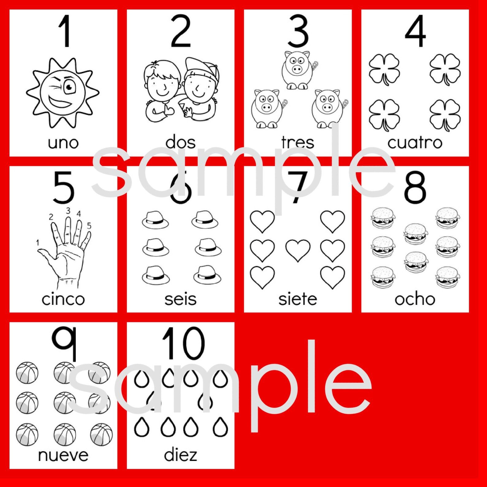 Spanish Wall Numbers Numeros 1-10 Classroom Decor Homeschool Printables ...