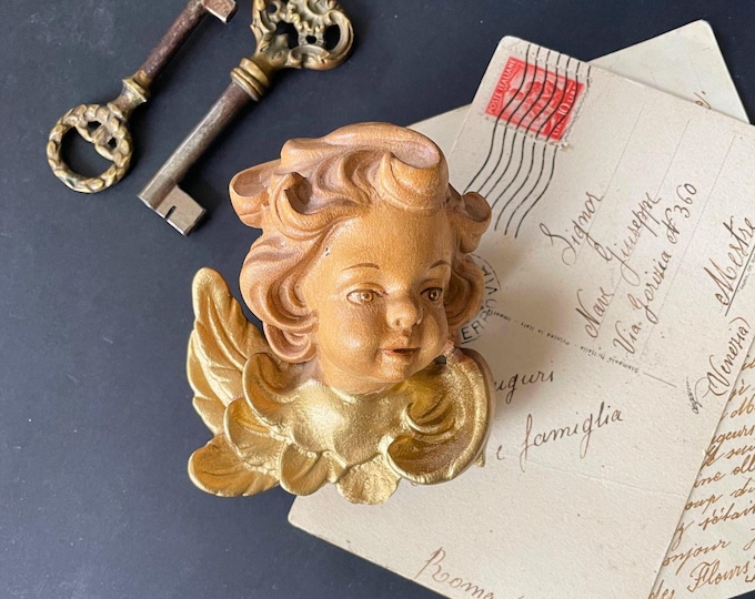 Vintage Wood Angel Head With Wings Sculpture , Italian Hand Carved Wood ...