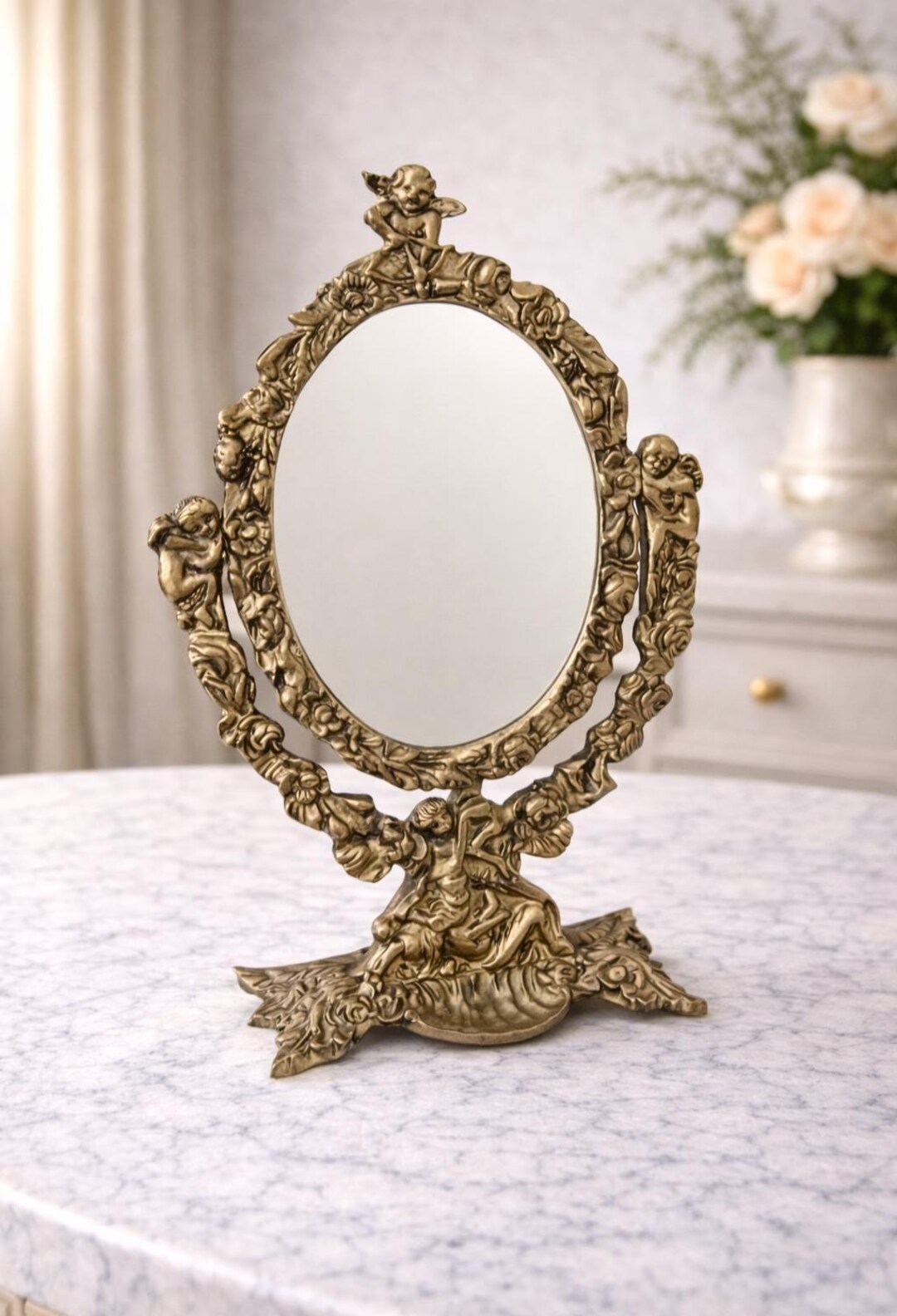 Antique French Baroque Vanity Table Mirror With Cupid , Brass ...