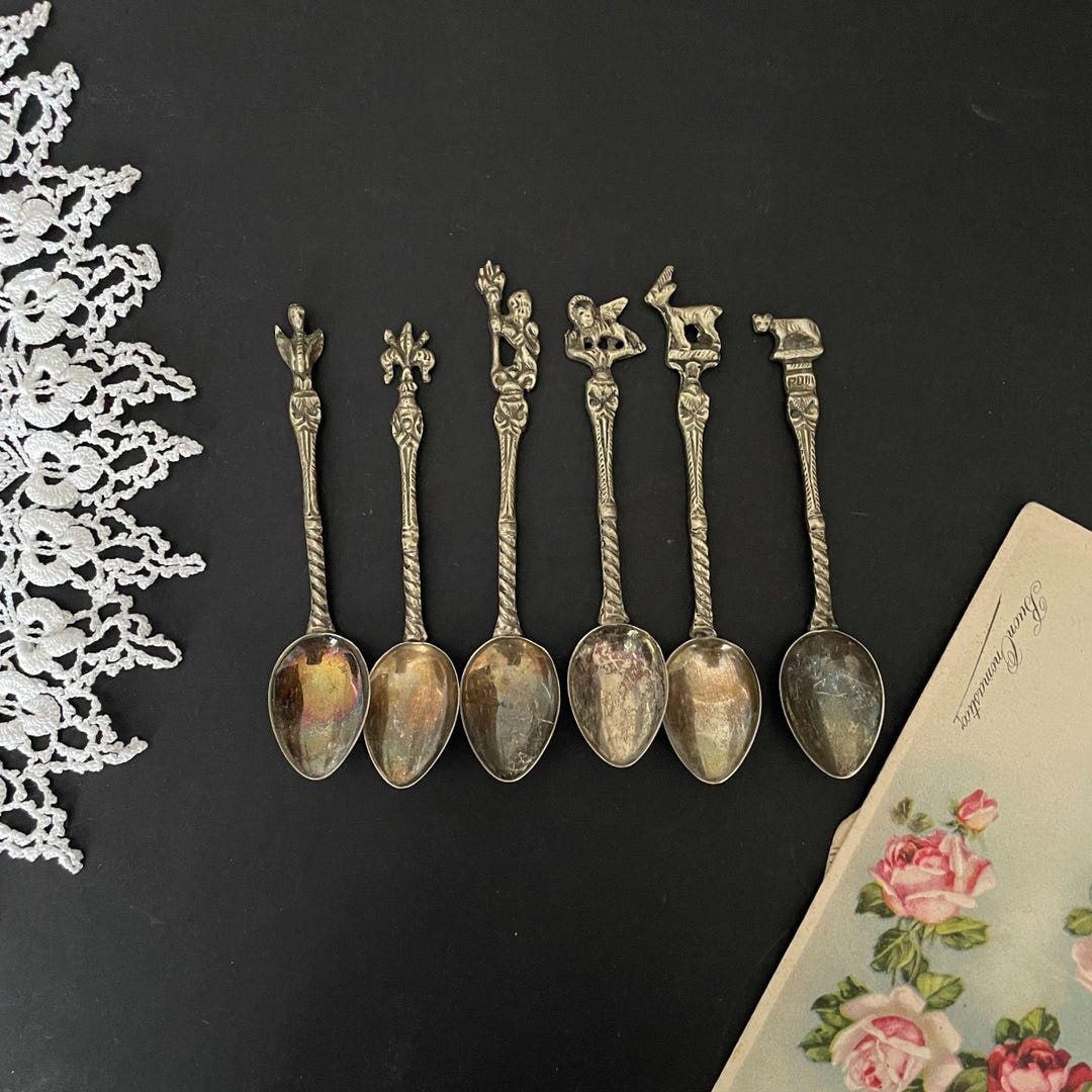 Antique Italian Silver Plated Coffee Spoons - Set of 6 Ornate Souvenir ...