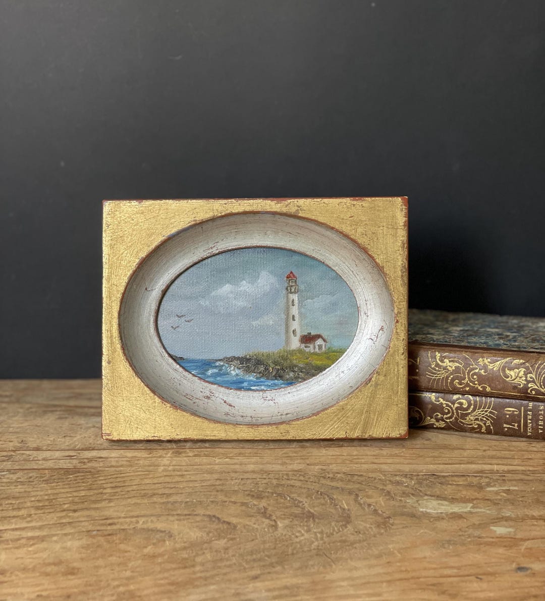 Lighthouse Original Oil Painting With Vintage Florentine Wood Frame ...
