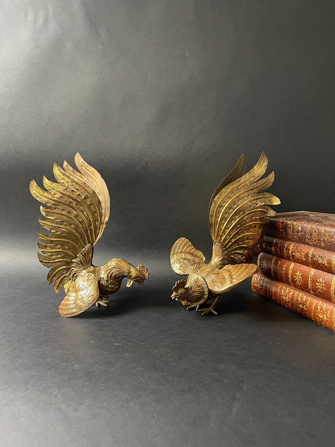 Vintage Brass Fighting Roosters Figurines , Tall Pair of Fighting ...