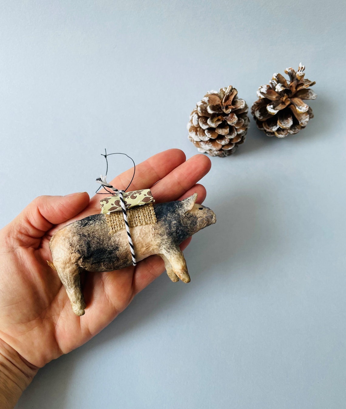 Handmade Spun Cotton Pig Figurine: Vintage Style Collectible Ornament ...